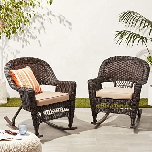 Jeco Rocker Wicker Chair with Tan Cushion, Set of 2, Espresso