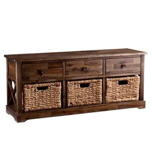 sei furniture jayton natural water hyacinth storage bench 3 woven baskets w/antique brown finish, coastal style