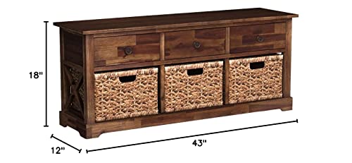 SEI Furniture Jayton Natural Water Hyacinth Storage Bench 3 Woven Baskets w/Antique Brown Finish, Coastal Style