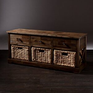 SEI Furniture Jayton Natural Water Hyacinth Storage Bench 3 Woven Baskets w/Antique Brown Finish, Coastal Style