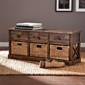 SEI Furniture Jayton Natural Water Hyacinth Storage Bench 3 Woven Baskets w/Antique Brown Finish, Coastal Style