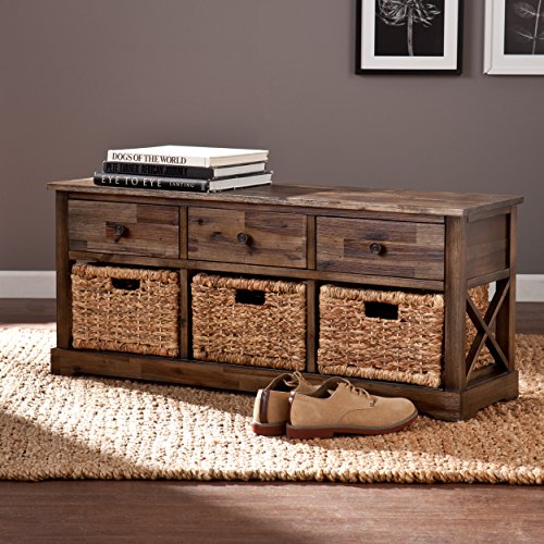 SEI Furniture Jayton Natural Water Hyacinth Storage Bench 3 Woven Baskets w/Antique Brown Finish, Coastal Style