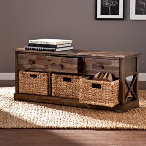 SEI Furniture Jayton Natural Water Hyacinth Storage Bench 3 Woven Baskets w/Antique Brown Finish, Coastal Style