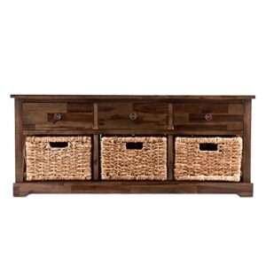 SEI Furniture Jayton Natural Water Hyacinth Storage Bench 3 Woven Baskets w/Antique Brown Finish, Coastal Style