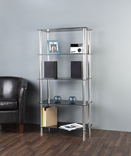 AVF S25-A Tall 5 Tier Shelving Unit in Black Glass & Chrome