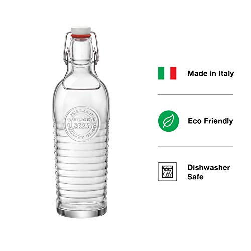 Bormioli Rocco Officina Water Bottle | 37.25 oz, Italian Glass Pitcher | Airtight Seal & Metal Clamp | Easy To Carry Handle, Dishwasher Safe & Eco-Friendly | Safe For Infused & Carbonated Drinks