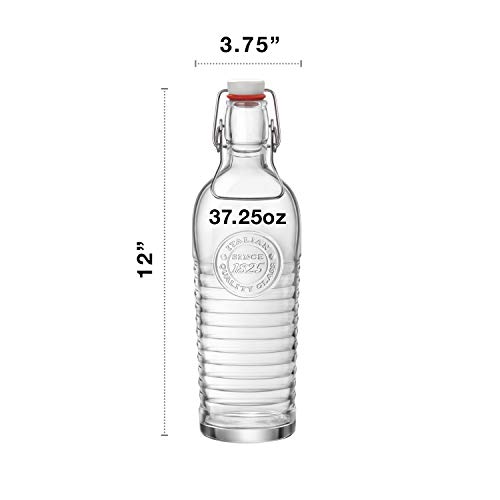 Bormioli Rocco Officina Water Bottle | 37.25 oz, Italian Glass Pitcher | Airtight Seal & Metal Clamp | Easy To Carry Handle, Dishwasher Safe & Eco-Friendly | Safe For Infused & Carbonated Drinks