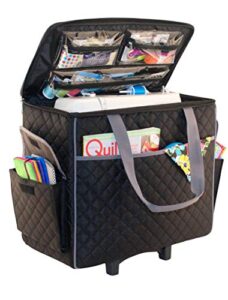 everything mary sewing machine rolling carrying case, black quilted - trolley bag with wheels for brother, bernina, singer & most machines - wheeled tote carrier for notions & crafts