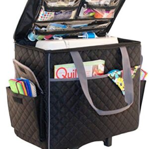 Everything Mary Sewing Machine Rolling Carrying Case, Black Quilted - Trolley Bag with Wheels For Brother, Bernina, Singer & Most Machines - Wheeled Tote Carrier for Notions & Crafts