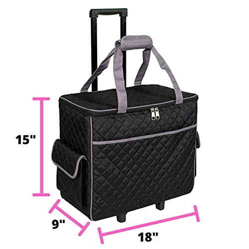 Everything Mary Sewing Machine Rolling Carrying Case, Black Quilted - Trolley Bag with Wheels For Brother, Bernina, Singer & Most Machines - Wheeled Tote Carrier for Notions & Crafts