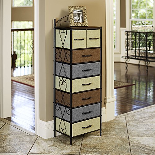 Household Essentials Victoria Dresser Tower Storage Organizer with 8 Multicolor Drawers Black Metal Frame and Mid Century Walnut Wood Grain Top