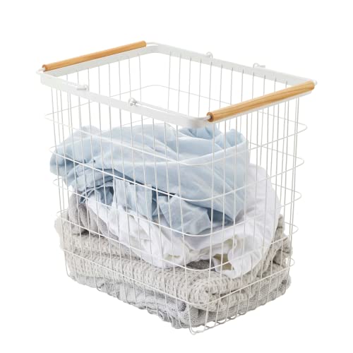 YAMAZAKI Wire Home Wooden Handles | Steel + Wood | Large | Laundry Basket, White