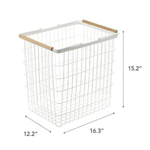 YAMAZAKI Wire Home Wooden Handles | Steel + Wood | Large | Laundry Basket, White