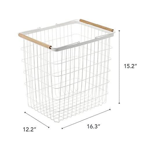 YAMAZAKI Wire Home Wooden Handles | Steel + Wood | Large | Laundry Basket, White