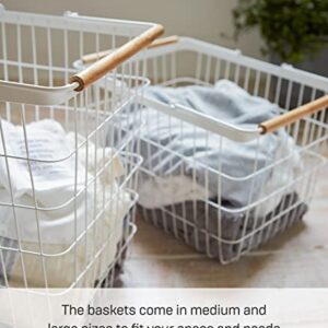 YAMAZAKI Wire Home Wooden Handles | Steel + Wood | Large | Laundry Basket, White