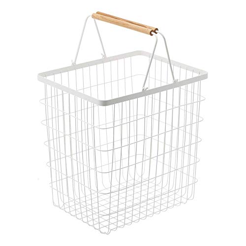 YAMAZAKI Wire Home Wooden Handles | Steel + Wood | Large | Laundry Basket, White