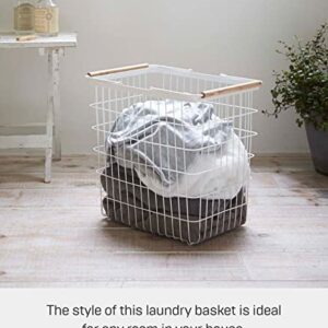 YAMAZAKI Wire Home Wooden Handles | Steel + Wood | Large | Laundry Basket, White