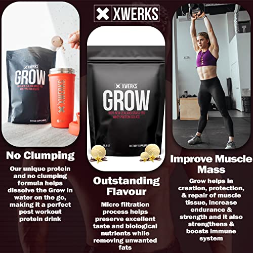 Xwerks Grow: Whey Protein Isolate Powder - Keto-Friendly - Soy & Gluten-Free - Nutrition Muscle Shake - 25g - 30 Servings for Optimum Strength Fitness - Easy-Digesting - Grass-Fed - Vanilla Flavor