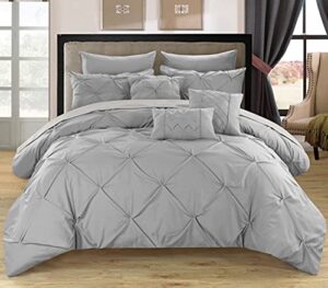 chic home 10 piece hannah pinch pleated, ruffled and pleated complete king bed in a bag comforter set silver with sheet set