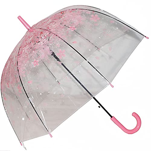 Kung Fu Smith Pink Flower Clear Bubble Umbrella for Kids Girls and Women, Auto Open Cherry Blossom Stick Rain Umbrella