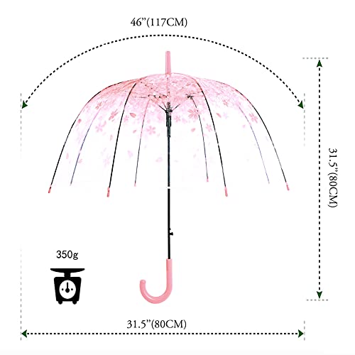 Kung Fu Smith Pink Flower Clear Bubble Umbrella for Kids Girls and Women, Auto Open Cherry Blossom Stick Rain Umbrella