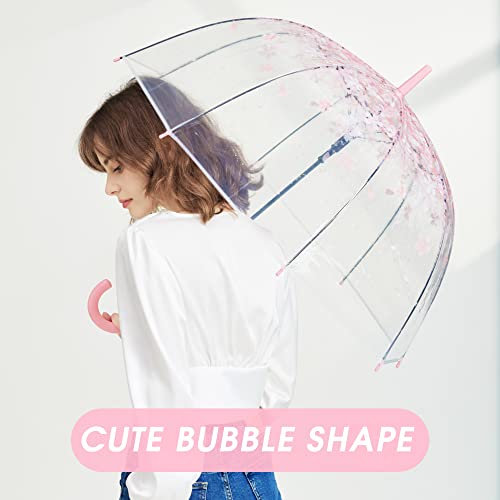 Kung Fu Smith Pink Flower Clear Bubble Umbrella for Kids Girls and Women, Auto Open Cherry Blossom Stick Rain Umbrella