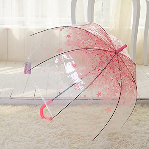 Kung Fu Smith Pink Flower Clear Bubble Umbrella for Kids Girls and Women, Auto Open Cherry Blossom Stick Rain Umbrella