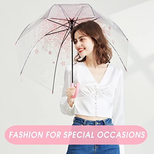 Kung Fu Smith Pink Flower Clear Bubble Umbrella for Kids Girls and Women, Auto Open Cherry Blossom Stick Rain Umbrella