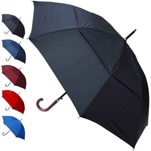 COLLAR AND CUFFS LONDON - Windproof EXTRA STRONG - StormDefender City Umbrella - Vented Double Canopy - Auto - Reinforced Frame with Fiberglass - Solid Wood Hook Handle - Black