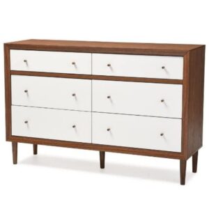 baxton furniture studios harlow mid-century wood 6 drawer storage dresser, medium, white and walnut