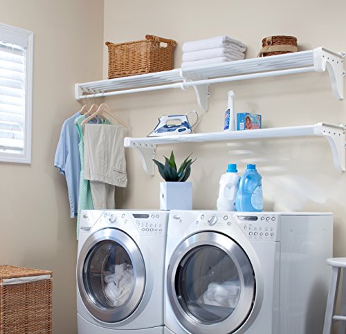 EZ Shelf-Expandable- Laundry Room Shelves Over Washer and Dryer -2- Laundry Room Shelves (Each Expands from 40.5 to 75") – 1 has Hanging Rod -White - Laundry Room Organization