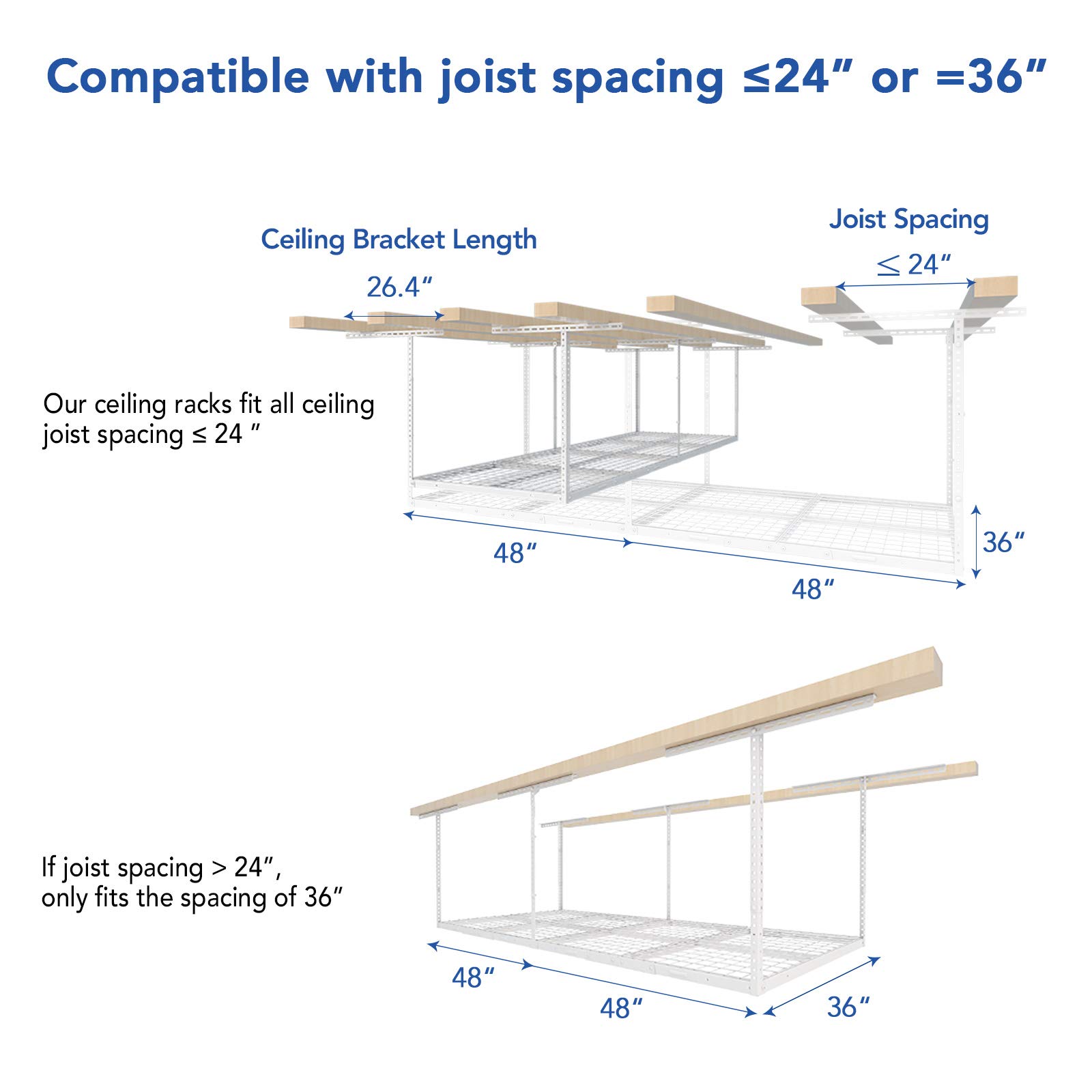 FLEXIMOUNTS 3x8 Overhead Garage Storage Rack,Adjustable Garage Storage Organization Systerm,Heavy Duty Metal Garage Ceiling Storage Racks,600lbs Weight Capacity,White