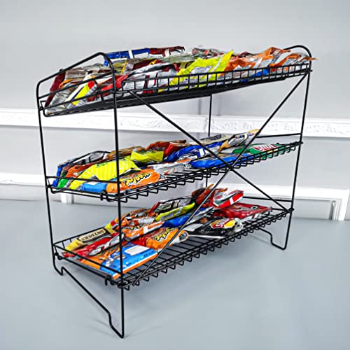 FixtureDisplays® 24" Wide X 14.9" Deep X 23.2" Tall 3-Open-Shelf Wire Rack for Countertop Chips Snack Book Display Organizer Concession Theatre Kitchen Pantry Stand Black 19396-2D