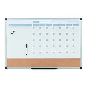 mastervision magnetic dry erase monthly calendar planner push pin corkboard combo with marker tray, 24" x 36", gray plastic frame, white, mb0707186p