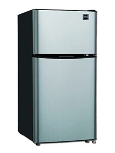 rca rfr459 compact fridge with freezer-dual adjustable thermostat-reversible door-removable glass shelves-ideal for bedroom/dorm/apartment/office-4.5 cubic feet-platinum, cu. ft, stainless