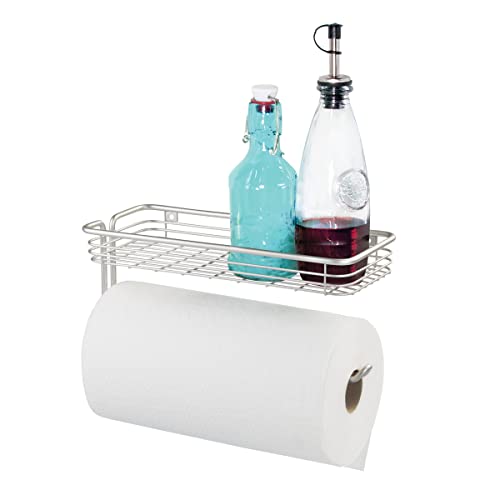 iDesign Classico Steel Wall Mounted Paper Towel Holder with Shelf Paper Towel Dispenser for Kitchen, Bathroom, Laundry Room, Garage, Office , Satin