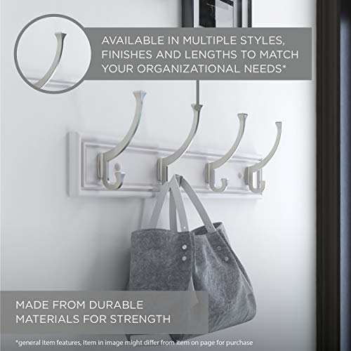 Franklin Brass Heavy Duty Coat and Hat Hook Rail Wall Hooks 4 , 16 Inches, White & Satin Nickel Finish, FBHDCH4-WSE-R