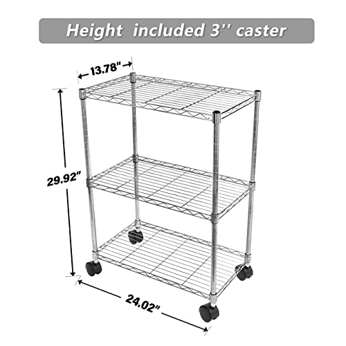 Simple Deluxe Heavy Duty 3-Shelf Shelving with Wheels, Adjustable Storage Units, Steel Organizer Wire Rack, 24.02”L x 13.78“W x 31.89”H, Chrome, HKSHLF23133003CPC