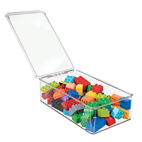 mDesign Plastic Playroom/Game Organizer Box Containers with Hinged Lid for Shelves or Cubbies, Holds Toys, Building Blocks, Puzzles, Markers, Controllers, or Crayons, Ligne Collection, Clear