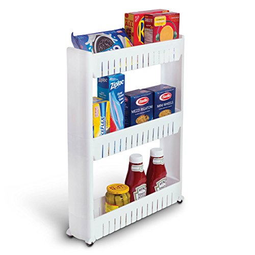 Laundry Room Organizer and Slim Storage Cart – Mobile Wheels Shelf with 3 Tiers Skinny Thin Shelves for Narrow Slim Space Between Washer and Dryer Perfect as Cleaning Supplies Organizer