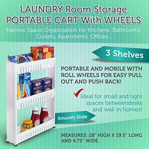 Laundry Room Organizer and Slim Storage Cart – Mobile Wheels Shelf with 3 Tiers Skinny Thin Shelves for Narrow Slim Space Between Washer and Dryer Perfect as Cleaning Supplies Organizer