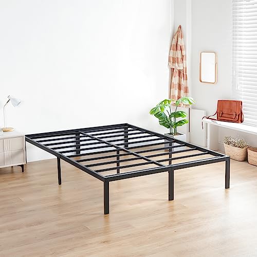 Olee Sleep 14 Inch Heavy Duty Steel Slat Anti-slip Support Easy Assembly Mattress Foundation Bed Frame Maximum Storage Noise Free No Box Spring Needed, Metal, Black