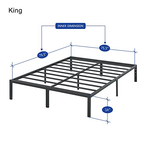 Olee Sleep 14 Inch Heavy Duty Steel Slat Anti-slip Support Easy Assembly Mattress Foundation Bed Frame Maximum Storage Noise Free No Box Spring Needed, Metal, Black