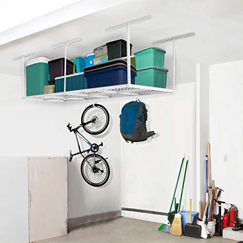 FLEXIMOUNTS 4x8 Overhead Garage Storage Rack w/Hooks Adjustable Ceiling Storage Racks, 96" Length x 48" Width x 40" Height, 22''-40" Ceiling Dropdown, White