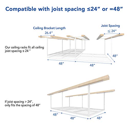 FLEXIMOUNTS 4x8 Overhead Garage Storage Rack w/Hooks Adjustable Ceiling Storage Racks, 96" Length x 48" Width x 40" Height, 22''-40" Ceiling Dropdown, White