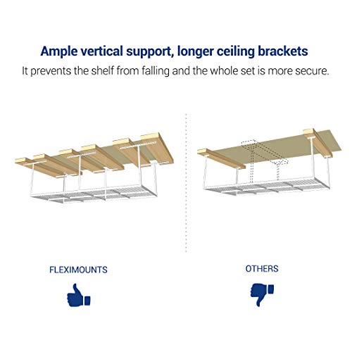 FLEXIMOUNTS 4x8 Overhead Garage Storage Rack w/Hooks Adjustable Ceiling Storage Racks, 96" Length x 48" Width x 40" Height, 22''-40" Ceiling Dropdown, White