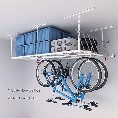 FLEXIMOUNTS 4x8 Overhead Garage Storage Rack w/Hooks Adjustable Ceiling Storage Racks, 96" Length x 48" Width x 40" Height, 22''-40" Ceiling Dropdown, White