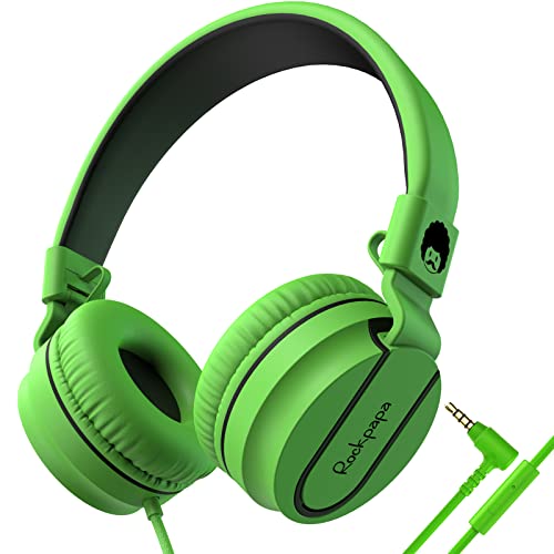 rockpapa 950 Headphones with Microphone for Kids for School Computer, On-Ear Headphones Wired Foldable for Boys chilrens Girls Teens Students Youth Adult Black Green