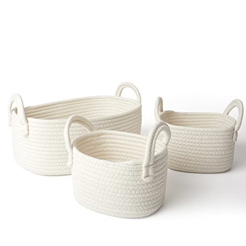 LA JOLIE MUSE Woven Basket Set of 3 - White Rope Storage Baskets Small Nursery Baskets for Baby Kid Toys, Soft Cotton Basket Bins for Bathroom Bedroom Organizing, Off White