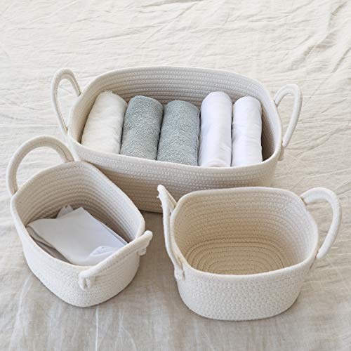 LA JOLIE MUSE Woven Basket Set of 3 - White Rope Storage Baskets Small Nursery Baskets for Baby Kid Toys, Soft Cotton Basket Bins for Bathroom Bedroom Organizing, Off White